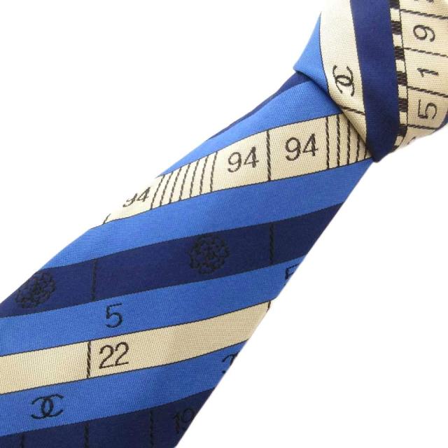 【中古】シャネル CHANEL ネクタイ レギュラータイ ボーダー ロゴ 数字 総柄 シルク 青 ブルー /AE ■GY47 メンズ