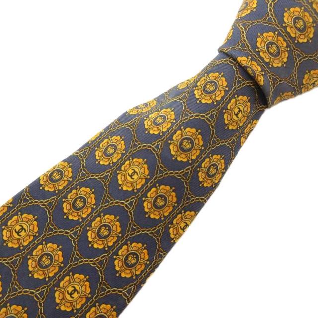 【中古】シャネル CHANEL 美品 ネクタイ レギュラータイ 総柄 ロゴ シルク ダークグレー 黄 イエロー /AE ■GY47