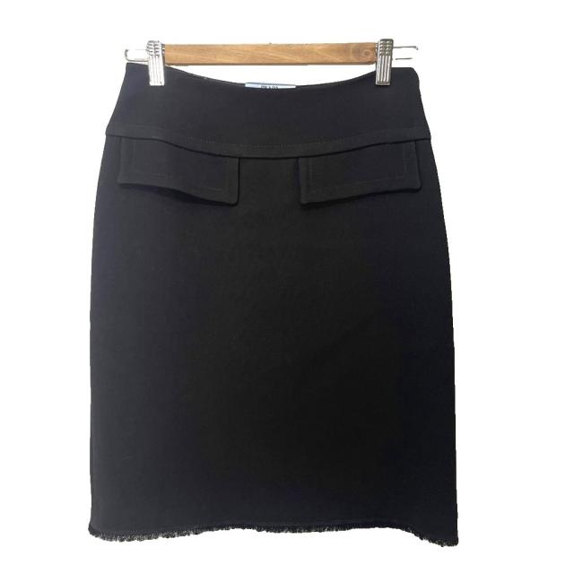 【中古】プラダ PRADA フロントフラップ タイトスカート フリンジ ウール ひざ丈 38 黒 ブラック レディース