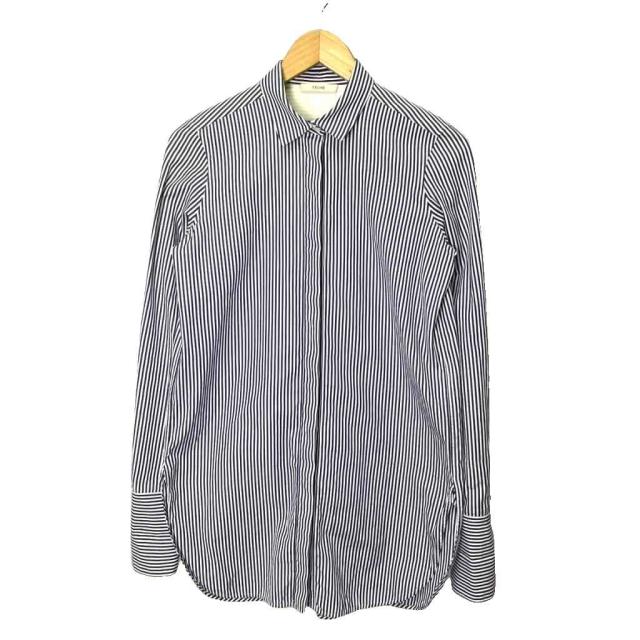 【中古】セリーヌ CELINE ストライプ シャツ ブラウス 比翼ボタン サイドスリット 長袖 38 紺 ネイビー ☆AA★