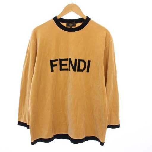 【中古】フェンディ FENDI ヴィンテージ ベロアTシャツ カットソー 長袖 ロゴ 46 ベージュ /KH レディース
