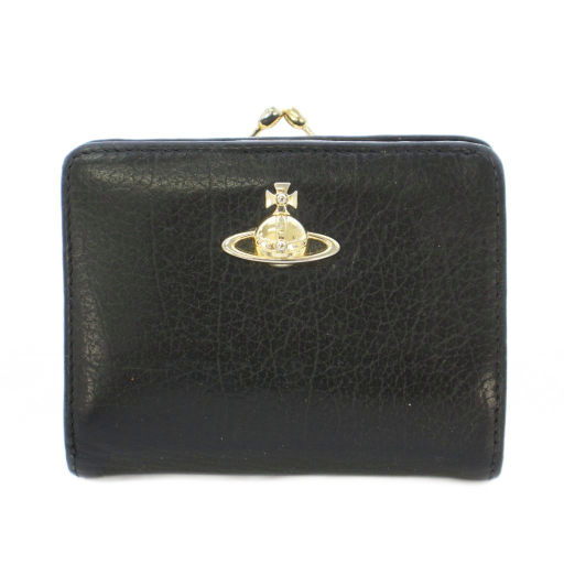 【中古】ヴィヴィアンウエストウッド 二つ折り財布 がま口 レザー オーブ ロゴ レザー スクエア 黒 /BB