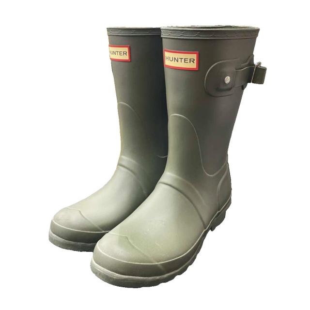 【中古】ハンター HUNTER オリジナルショート レインブーツ ロゴ サイドベルト US 6 緑 カーキ レディース