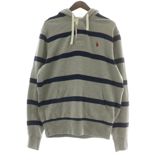 【中古】POLO RALPH LAUREN パーカー スウェット 長袖 裏起毛 プルオーバー ボーダー柄 総柄 ロゴ 刺繍 M グレー 紺