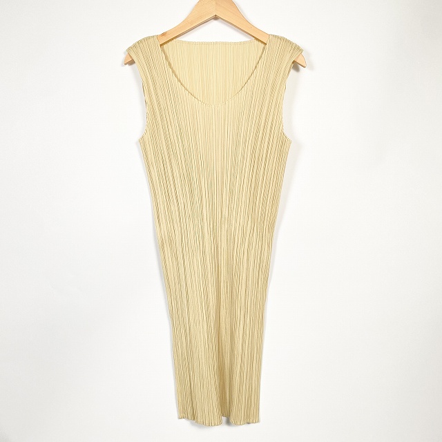 【中古】プリーツプリーズ PLEATS PLEASE チュニック ワンピース ノースリーブ スリット ベージュ 3 L相当 レディース