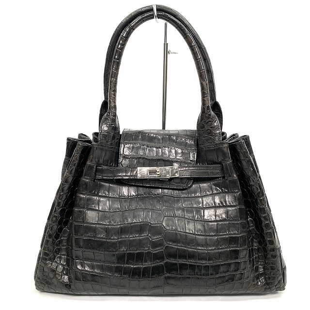 【中古】マットクロコダイル ハンドバッグ センター取り ターンロック 大容量 ワニ レザー 黒 ブラック レディース