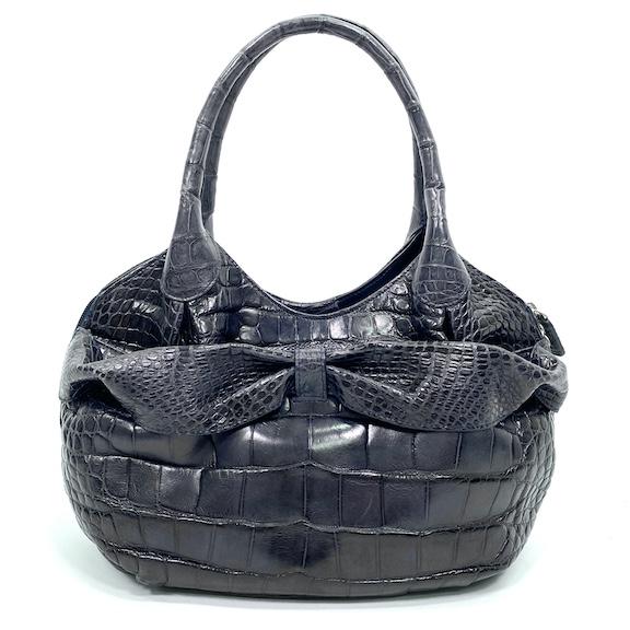 【中古】マットクロコダイル アリゲーター ハンドバッグ センター取り ワニレザー リボン 紺 ネイビー レディース
