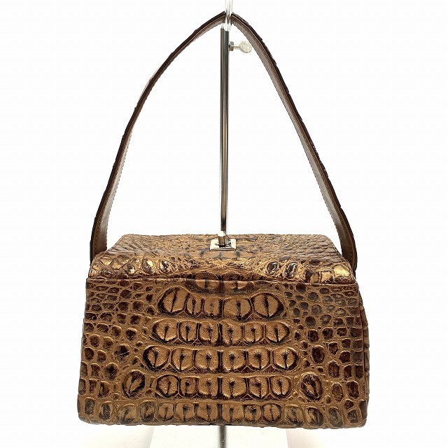 【中古】カイマンクロコダイル ハンドバッグ ミニバッグ センター取り ターンロック ワニ レザー メタリックブラウン レディース