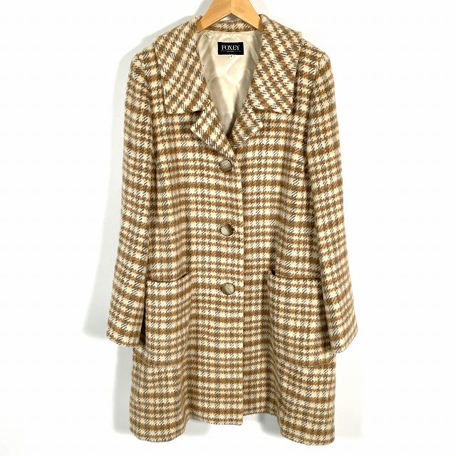 【中古】フォクシー ブティック FOXEY BOUTIQUE アルパカロングコート アウター 長袖 チェック ベージュ フリーサイズ レディース