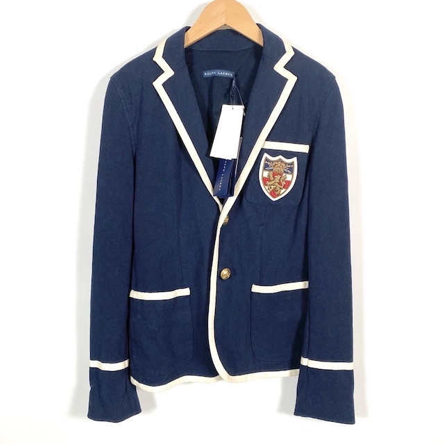 【中古】ラルフローレン RALPH LAUREN タグ付き ジャケット ブレザー 長袖 金ボタン ワッペン ネイビー 紺 165/34A レディース