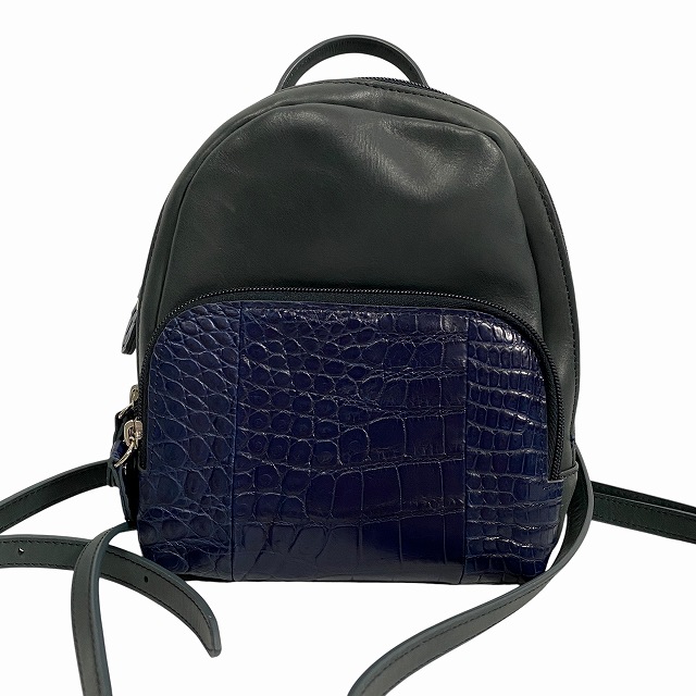 【中古】マットクロコダイル リュック バッグパック 鞄 ワニ革 レザー 紺 ネイビー レディース