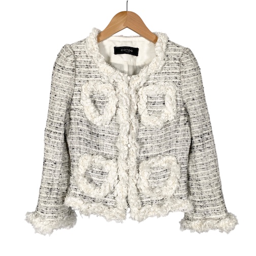 【中古】コトゥー COTTO ツイードジャケット 長袖 ウール混 金ボタン 白 ホワイト 36 S相当 レディース