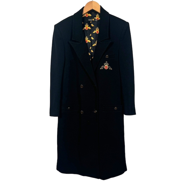 【中古】McDavid  ロングコート 長袖 裏地総柄 ウール100% ロゴ刺繍 ブラック 黒 38 M相当 レディース