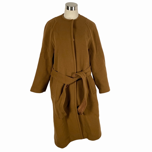 【中古】アクアスキュータム AQUASCUTUM ノーカラーコート ロングコート ベルト ウール100% キャメル フリーサイズ レディース