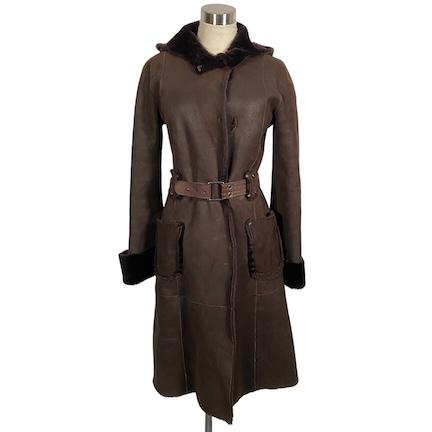 【中古】ポールカ PAULE KA ムートンコート ラムスキン ロング丈 フード ベルト付 ダークブラウン 38 M相当 イタリア製 レディース