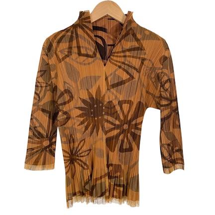 【中古】プリーツプリーズ PLEATS PLEASE スキッパーシャツ 7部袖 花柄 シースルー ブラウン系 4 XL相当 レディース