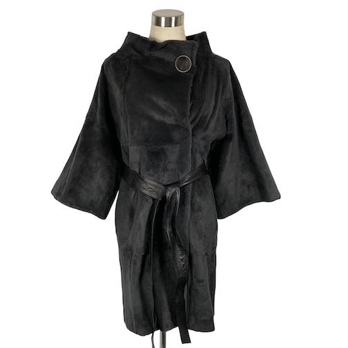 【中古】カールドノヒュー KARL DONOGHUE ラビットファーコート 毛皮 ウサギ レザーベルト チャコールグレー XS レディース