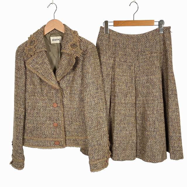 【中古】インゲボルグ INGEBORG ツイードセットアップ ジャケット スカート 花 レース ウール ブラウン 9 M相当 レディース