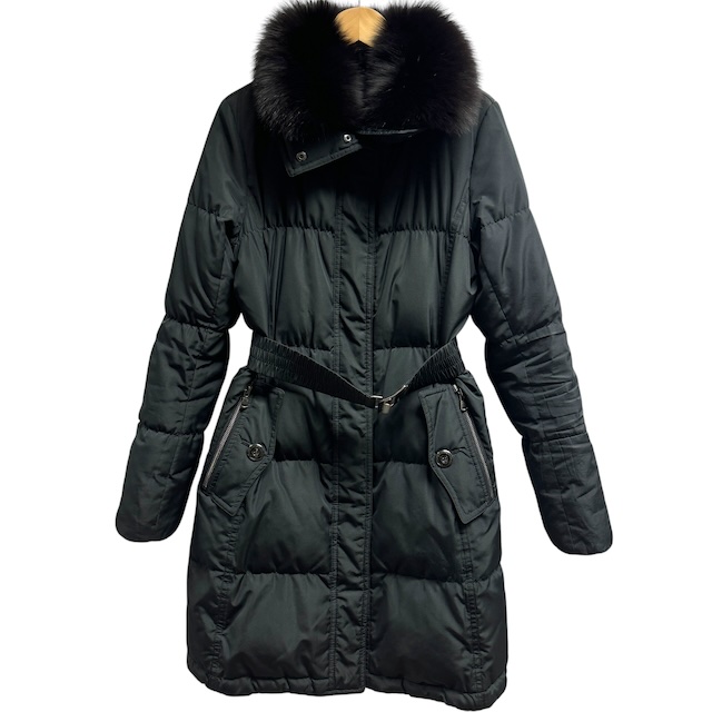 【中古】バーバリー ロンドン BURBERRY LONDON ダウンコート フォックスファー ベルト付き 裏地チェック柄 黒 34