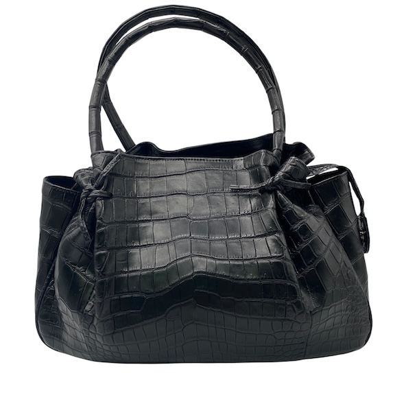 【中古】マットクロコダイル ハンドバッグ センター取り ワニ レザー 本革 黒 ブラック レディース