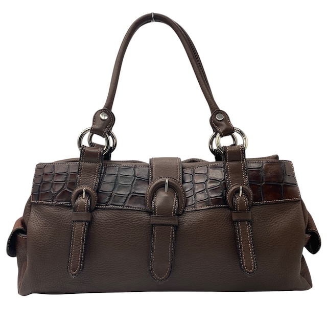 【中古】セレンシー CELENCEE ハンドバッグ マットクロコ 山羊革 レザー シュリンク加工 サイドポケット ブラウン レディース