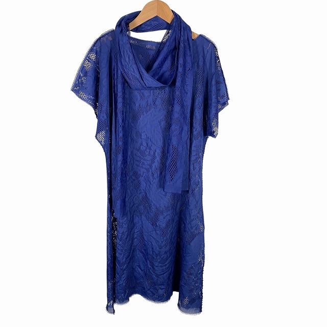 【中古】ミーイッセイミヤケ me ISSEY MIYAKE 2WAY レースワンピース 半袖 ひざ丈 ストール ベルト付 青 ブルー レディース