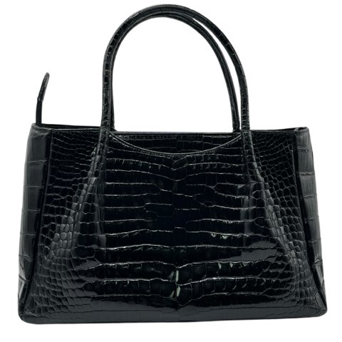 【中古】シャイニークロコダイル ワニ革 リアルクロコ ハンドバッグ トートバッグ ブラック エキゾチックレザー レディース