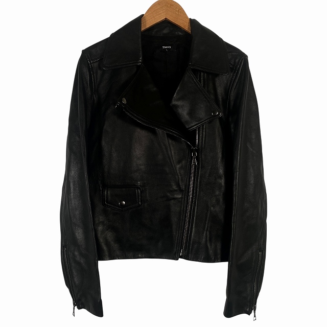 【中古】セオリー Theory 22AW ダブルライダースジャケット 羊革 ラムレザー 黒 ブラック S レディース