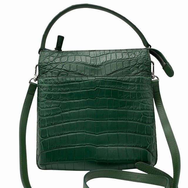 【中古】未使用品 2WAY マットクロコダイル ショルダーバッグ センター取り 斜め掛け ワニ レザー グリーン レディース