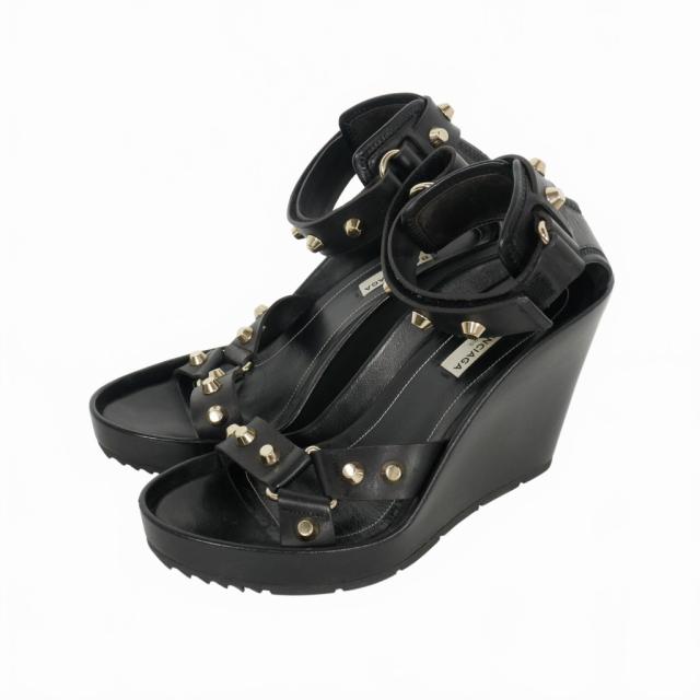 【中古】バレンシアガ BALENCIAGA ストラップ スタッズ ウェッジ レザーサンダル 38 25.0cm 黒 ブラック レディース
