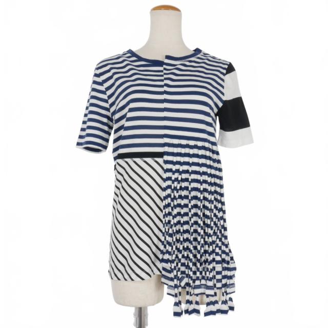 【中古】ロエベ LOEWE フリンジ マルチボーダーカットソー Tシャツ 半袖 XS ブルー 青 国内正規 レディース