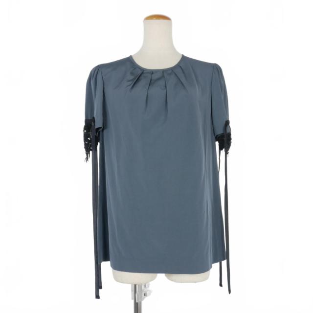 【中古】ドリスヴァンノッテン DRIES VAN NOTEN ビーズ 刺繍 ブラウス トップス リボン 半袖 38 ブルー レディース