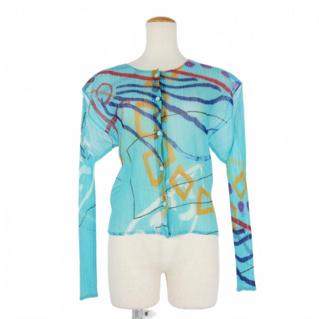 【中古】イッセイミヤケ ISSEY MIYAKE ペイント柄 プリーツ カーディガン シャツ 3 青 ブルー PP12-JJ425 レディース