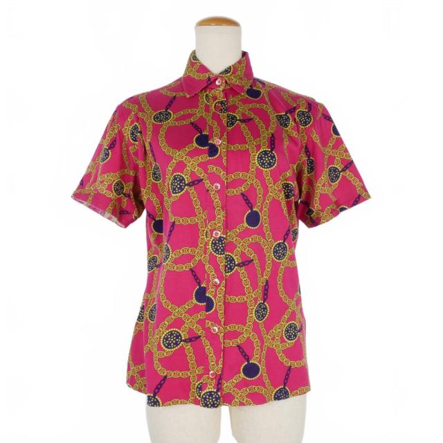 【中古】セリーヌ CELINE 80s〜90s ヴィンテージ チェーン柄 シャツ 半袖 38 ピンク レディース