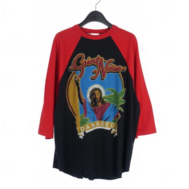 【中古】未使用品 セントマイケル SAINTMICHAEL × LASTMAN 25SS SS TEE SNT NOIS Ｔシャツ 七分袖 L 黒 赤