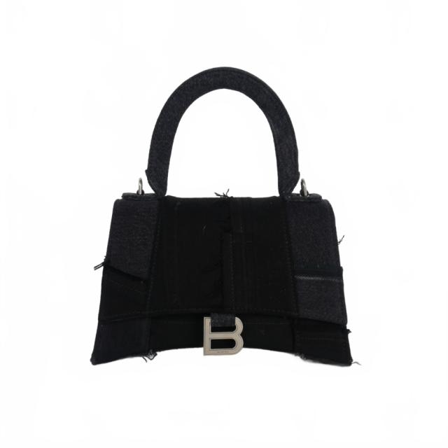 【中古】バレンシアガ BALENCIAGA HOURGLASS アワーグラス スモールバッグ ショルダーバッグ デニム 再構築 黒 593546