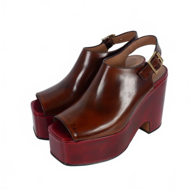 【中古】マルニ MARNI グロスレザー プラットフォーム ヒール サンダル ストラップ 37 ワインレッド レディース