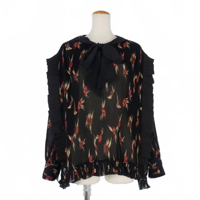 【中古】イザベルマラン ISABEL MARANT ウェーブフラワープリント フリル プリーツブラウス 長袖 花柄 リボン T0 黒