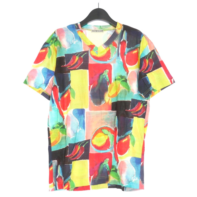 【中古】イッセイミヤケメン ISSEY MIYAKE MEN 総柄プリント VネックTシャツ カットソー 半袖 F マルチカラー