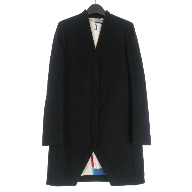 【中古】バレンシアガ BALENCIAGA 2010 ニコラ期 裏地プリント ノーカラー コート ジャケット ウール 40 ブラック 黒