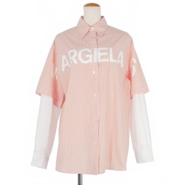 【中古】エムエムシックス メゾンマルジェラ MM6 Maison Margiela キッズ ロゴ ストライプシャツ 長袖 14 オレンジ