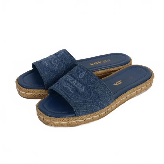 【中古】プラダ PRADA デニム ロゴ刺繍 エスパドリーユ サンダル スリッポン 35.5 インディゴ レディース