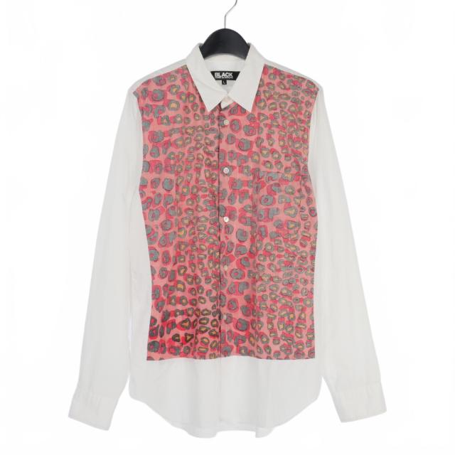 【中古】ブラックコムデギャルソン BLACK COMME des GARCONS 21SS レオパード 切替 シャツ 長袖 L 白 ホワイト