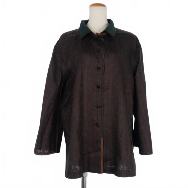 【中古】ソフィー ホン sophie hong 総柄 シルクジャケット シャツ 長袖 L 茶 ブラウン レディース
