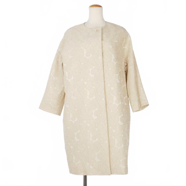 【中古】マックスマーラステュディオ Max Mara Studio フラワージャガード ノーカラーコート 花柄 刺繍 IT44 ベージュ