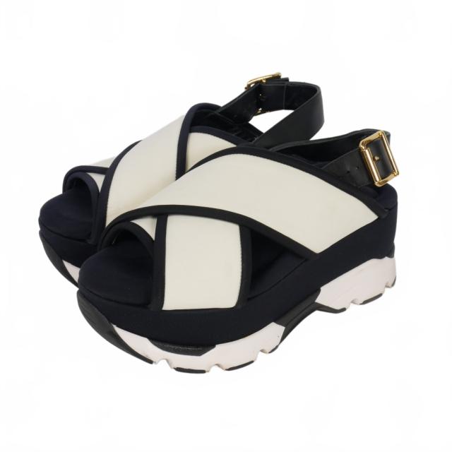 【中古】マルニ MARNI テックファブリック クリスクロス サンダル プラットフォーム  厚底 36 白 黒 ホワイト
