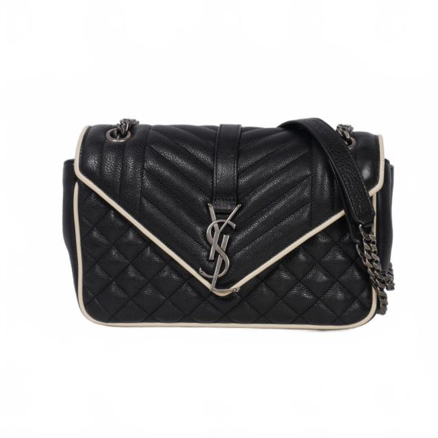 【中古】サンローラン パリ SAINT LAURENT PARIS サッチェル ダブルチェーン ショルダーバッグ パイピング レザー 黒