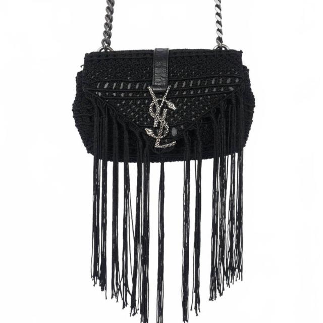 【中古】サンローラン パリ SAINT LAURENT PARIS YSL モノグラム ベビー クロシェ ショルダーバッグ フリンジ 黒