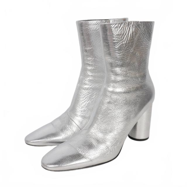 【中古】バレンシアガ BALENCIAGA サイドジップ レザー ショートブーツ チャンキーヒール 37 シルバー レディース
