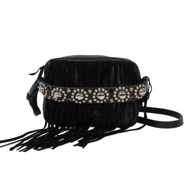 【中古】ゴールデングース GOLDEN  フリンジ スタッズ レザー ショルダーバッグ 黒 ブラック レディース